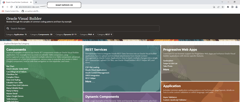 Oracle Integration에서 Visual Builder Cloud Service 앱에 대한 사용자정의 앱 URL 및 OCI Web Application ...