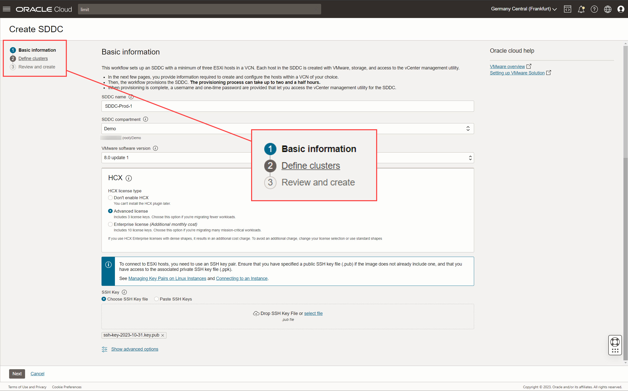 다중 클러스터 Oracle Cloud VMware Solution 소프트웨어 정의 데이터 센터 만들기