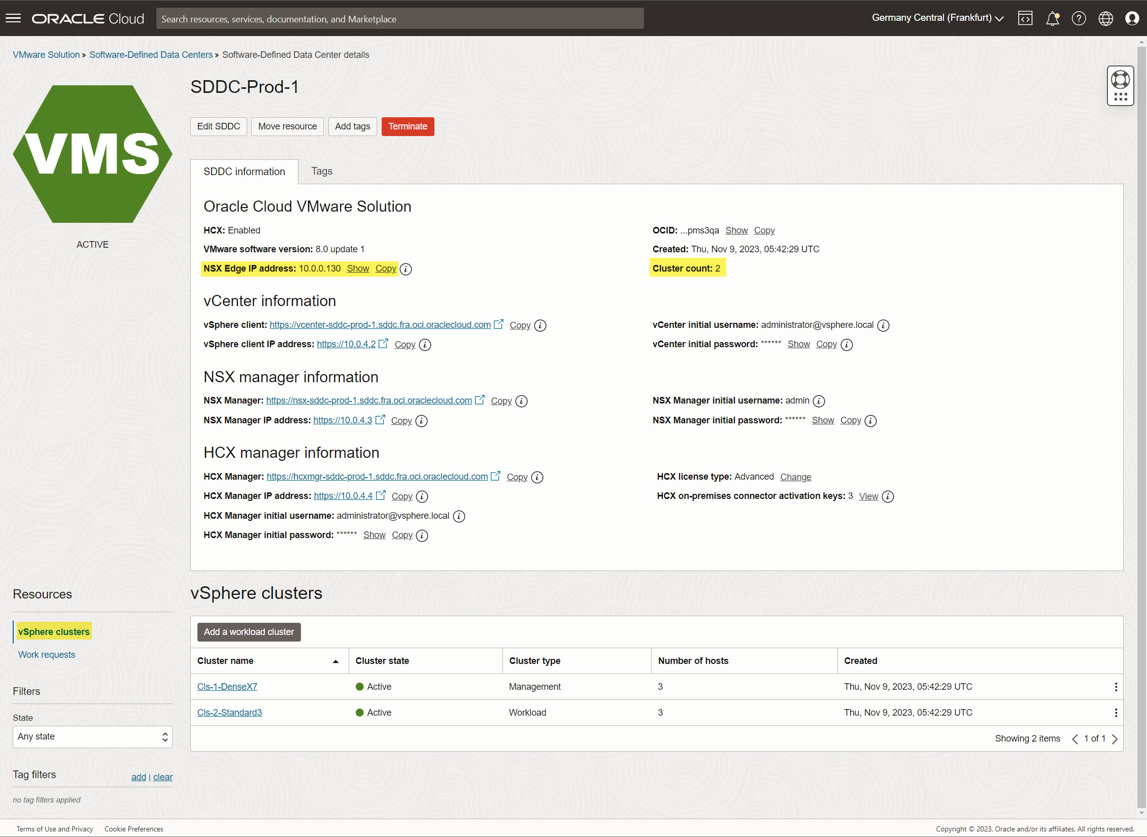 다중 클러스터 Oracle Cloud VMware Solution 소프트웨어 정의 데이터 센터 만들기