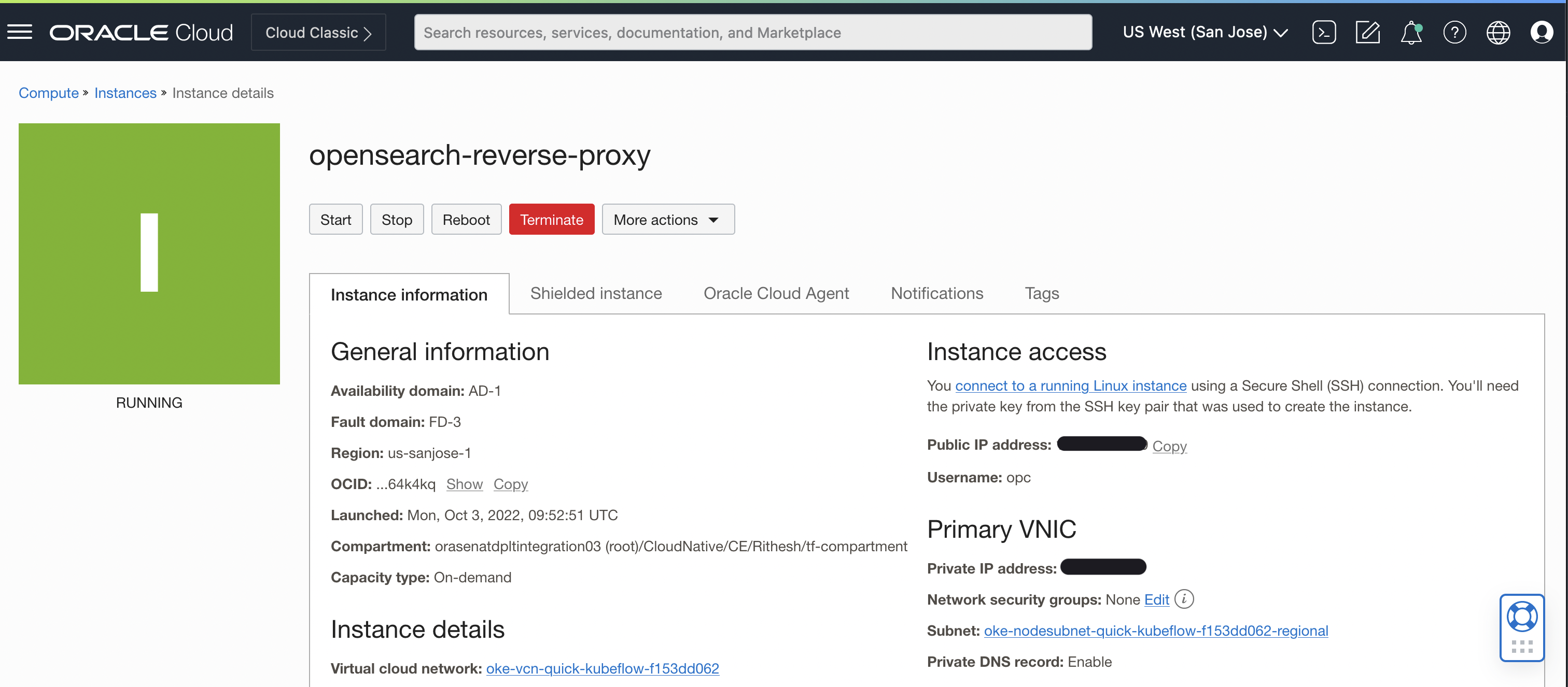 OCI OpenSearch 대시보드 및 VCN 외부의 REST API에 액세스