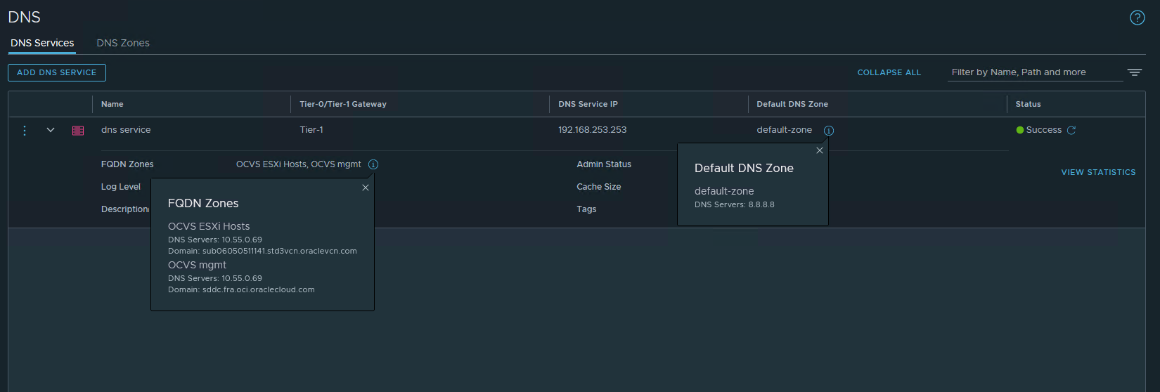 Nsx T 오버레이 세그먼트에서 Oracle Cloud Vmware Solution Management Vm 및 Esxi 호스트에 대한 Dns 확인 사용