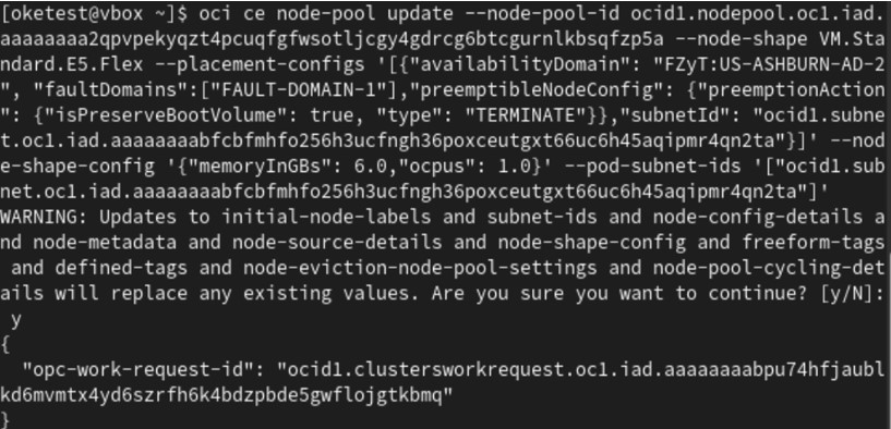 OCI CLI를 사용하여 OCI Kubernetes 엔진 노드 풀 용량 유형을 E5 구성에 대해 선점 가능으로 업데이트