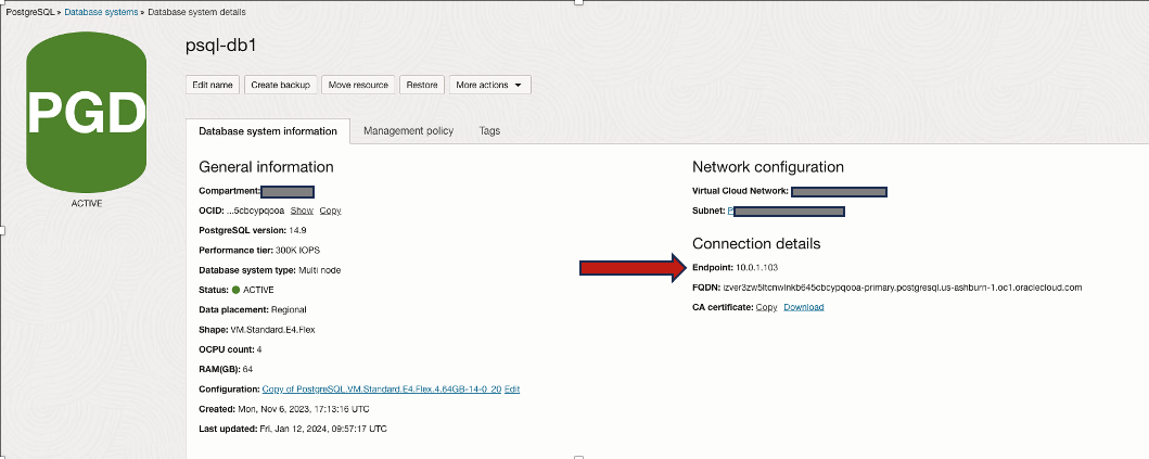 전용 끝점을 사용하여 Postgresql를 사용하여 Oci 데이터베이스에 Pgadmin 4 접속