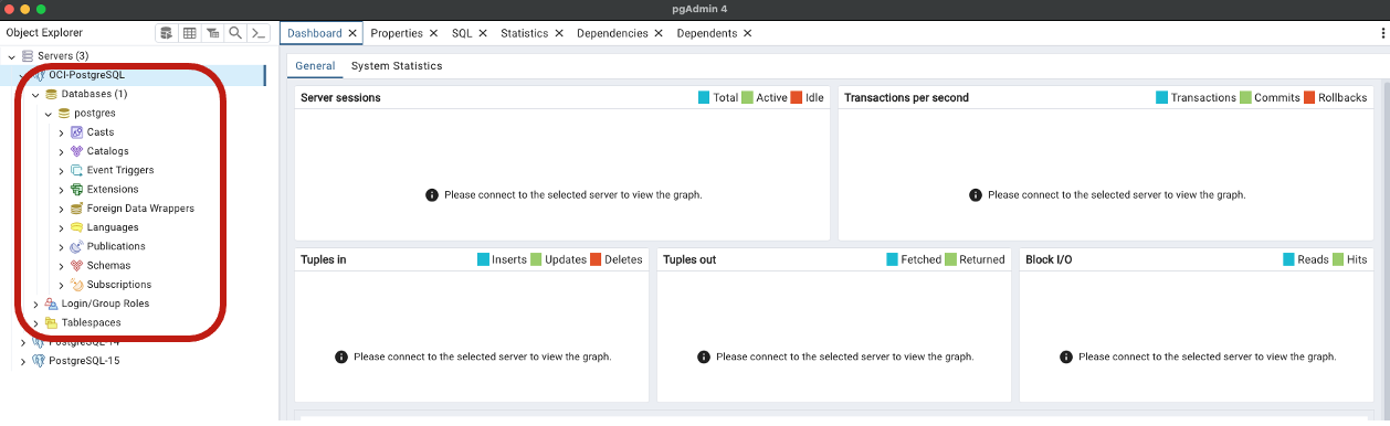 전용 끝점을 사용하여 Postgresql를 사용하여 Oci 데이터베이스에 Pgadmin 4 접속