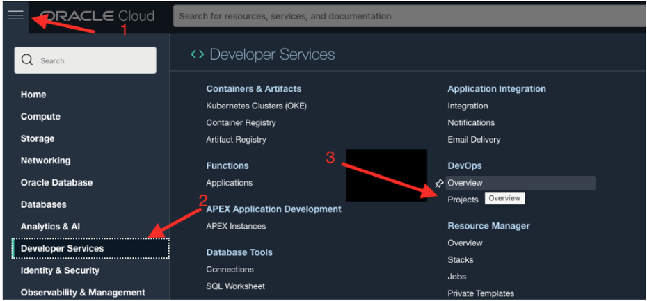 OCI Devops 프로젝트 생성, 마이크로서비스 권한 및 코드 저장소 설정