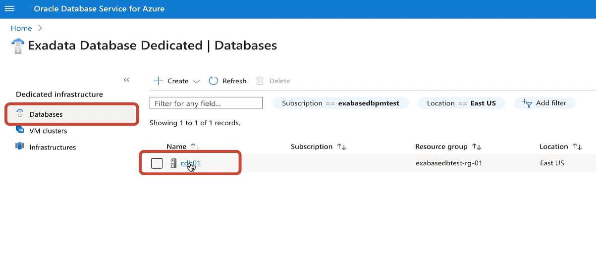 Azure 애플리케이션을 Oracle Exadata Database Service On Dedicated