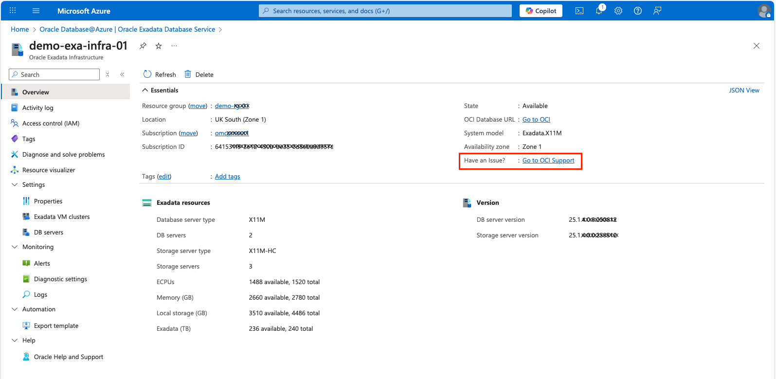 Informações de Suporte para o Oracle AI Database@Azure