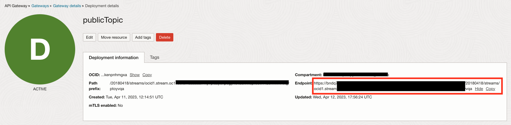 Consumir um tópico privado do OCI Streaming por trás de um Gateway de API usando a chamada de ...
