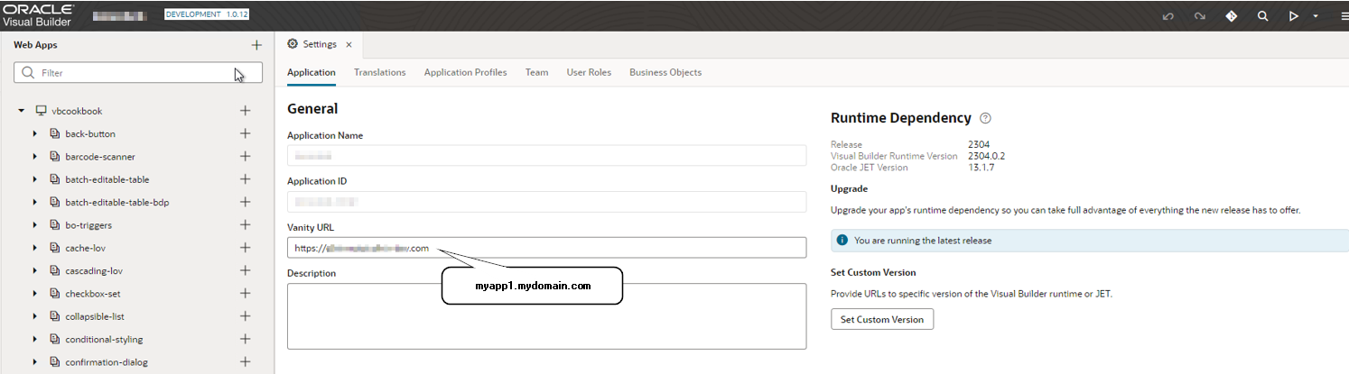 設定 Oracle Integration 上 Visual Builder Cloud Service App 的自訂 App URL 和 ...