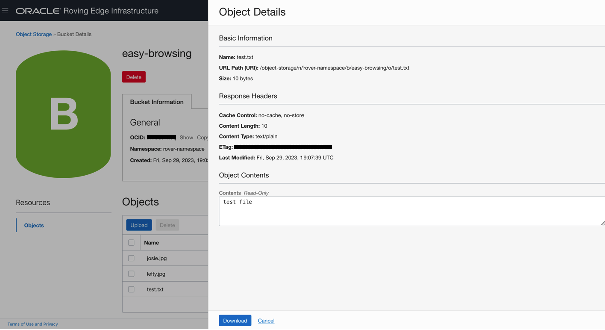 使用 Oracle Roving Edge Infrastructure Object Storage 利用檔案瀏覽從屬端