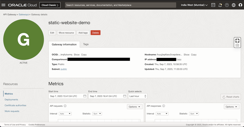設定用於靜態網站託管的 Oci 物件儲存和 Oracle Api Gateway